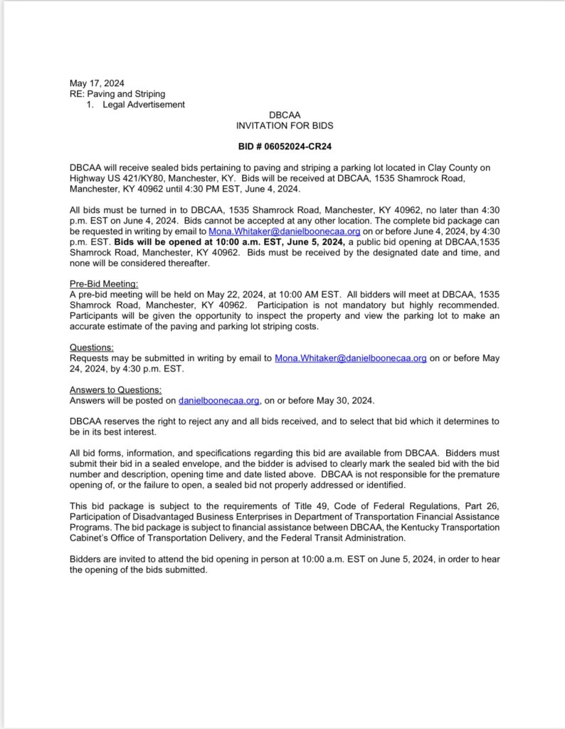 Invitation for Sealed Bids – Pave and Stripe Parking Lot – Daniel Boone ...